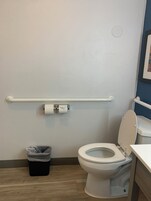 Casa de banho com sanita branca, um cesto de lixo e um rolo de papel higiénico preso à parede.