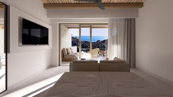 Blue Junior Suite Sea View Private Pool | Cofre no quarto, secretária, cortinas/cortinados opacos 