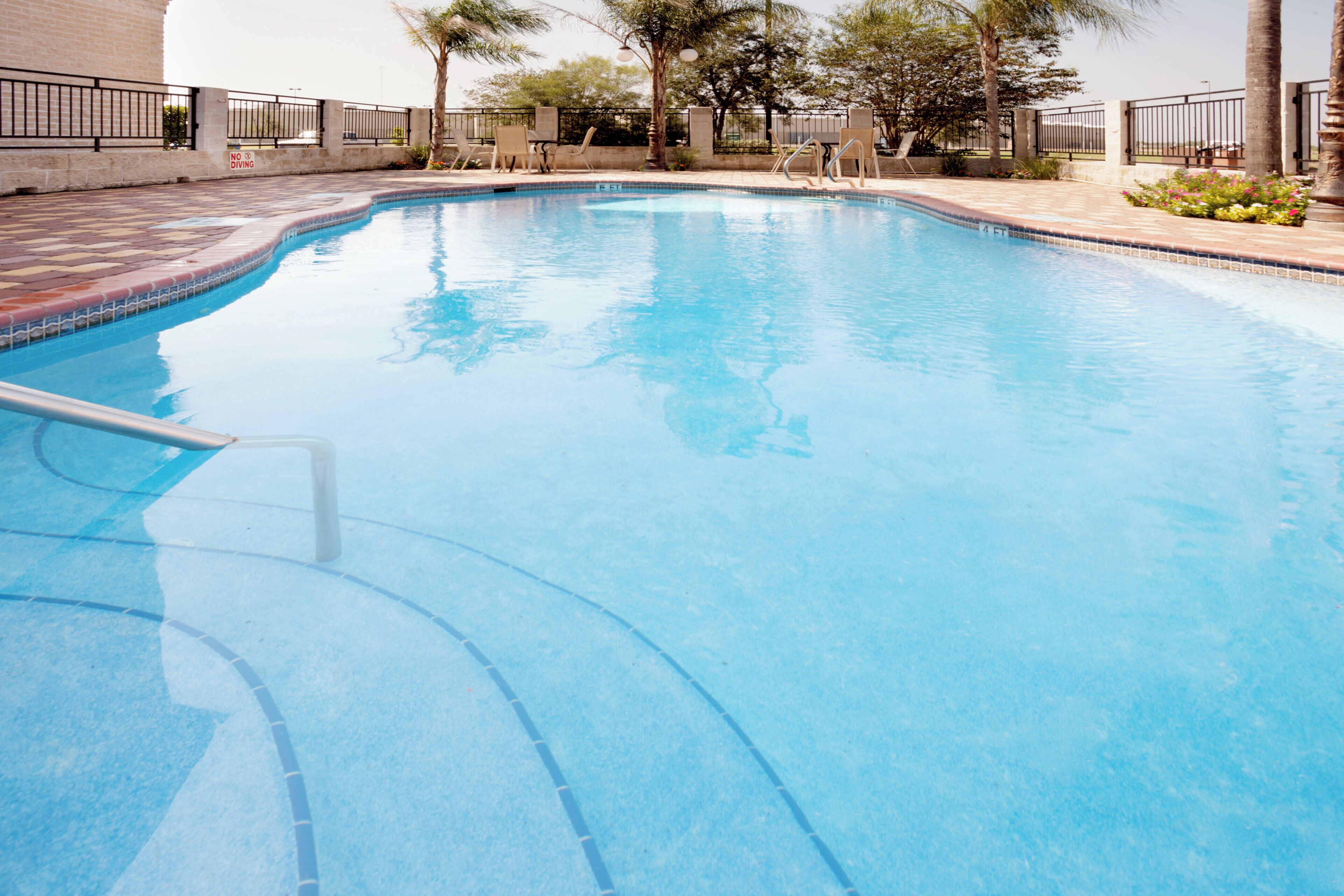 Piscina com borda revestida, cercada por um pátio de tijolos e palmeiras.