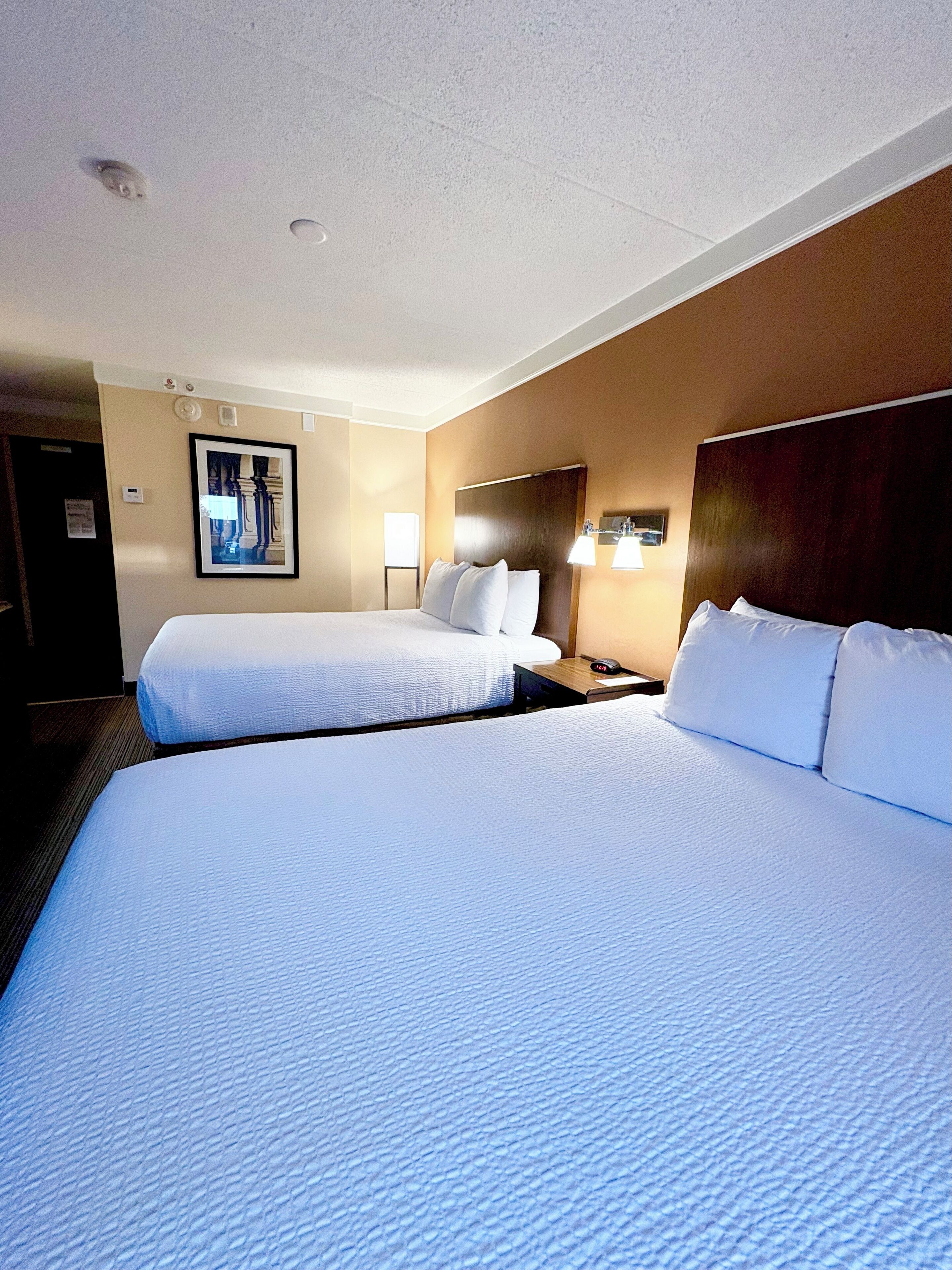 Quarto de hotel com duas camas, um quadro pendurado na parede, mesa de cabeceira com abajur e uma porta.