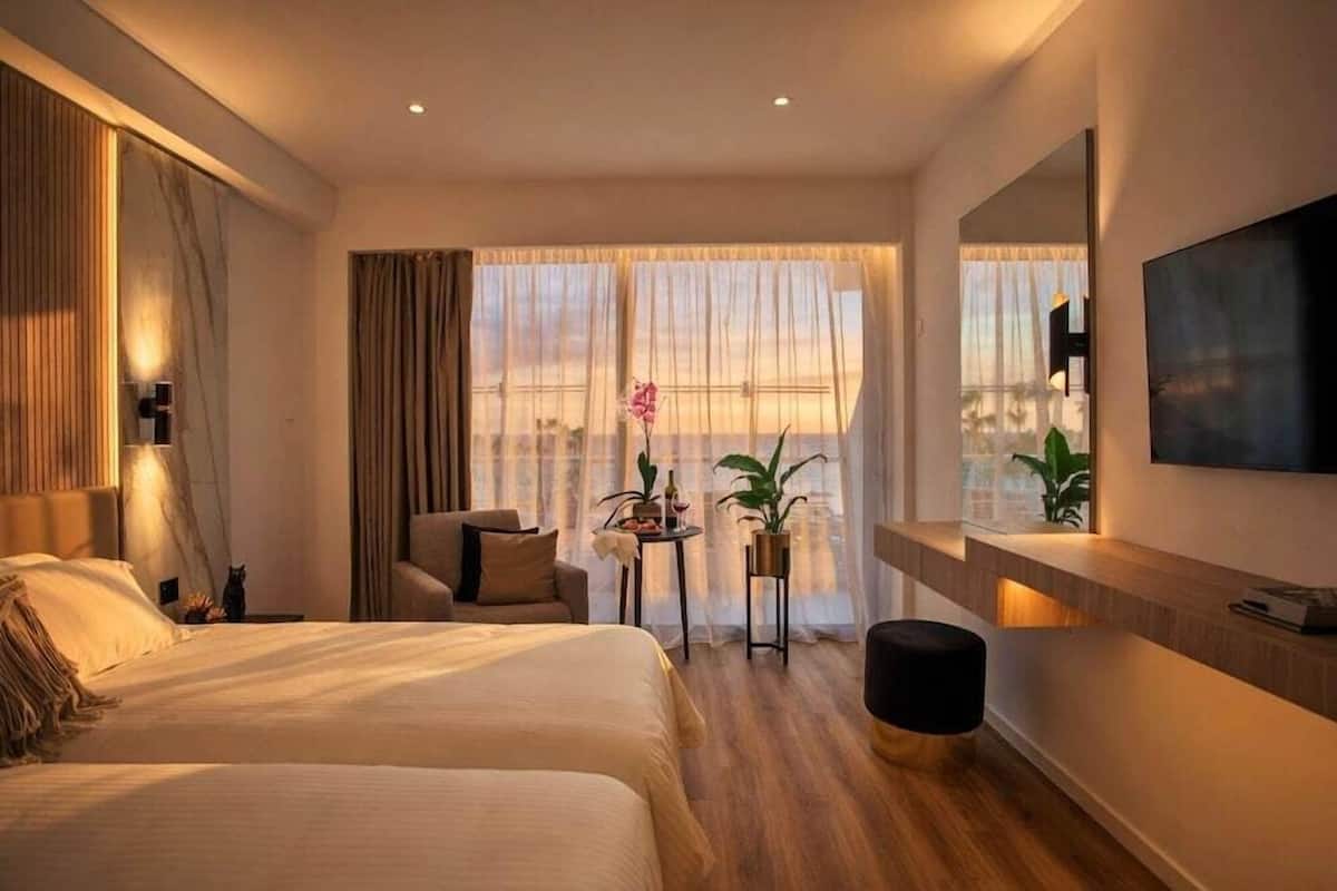 Quarto de hotel moderno com uma cama grande, uma escrivaninha, uma cadeira, uma mesinha com uma planta e uma TV fixada na parede.