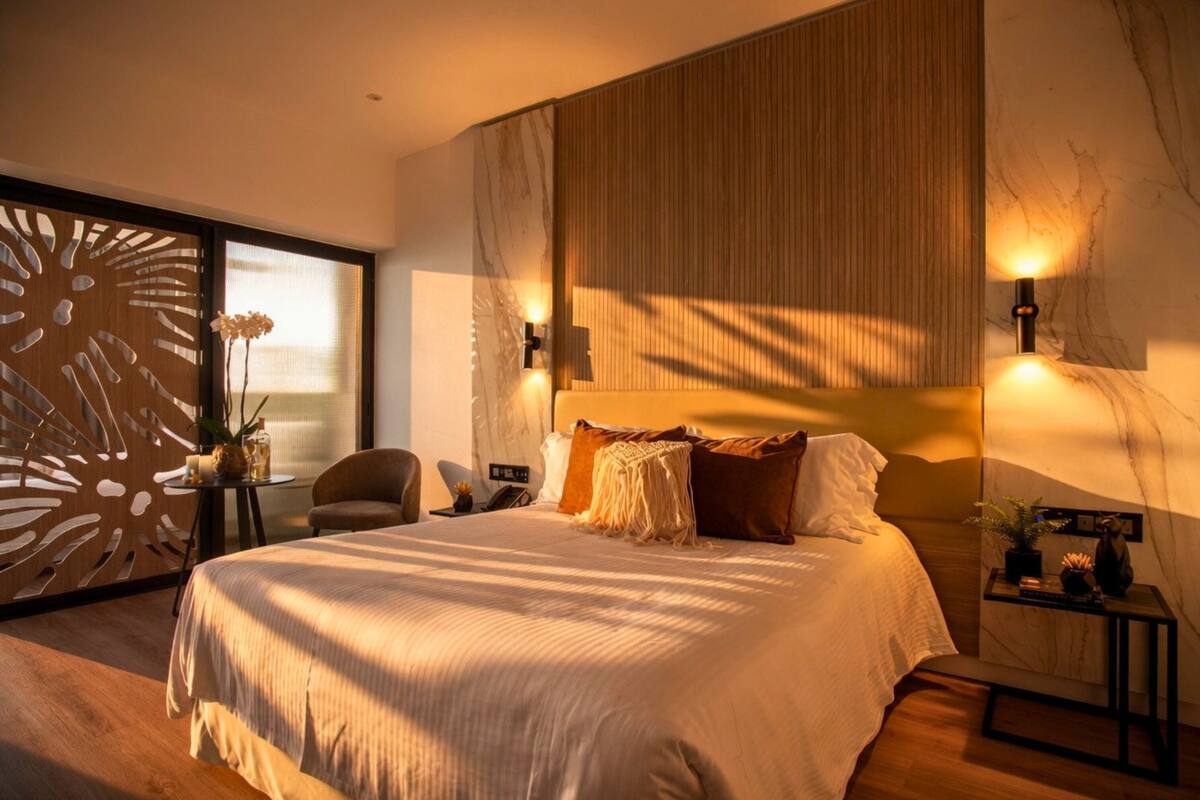 Quarto moderno com uma cama grande, cabeceira de madeira, mesa de cabeceira com abajur e vista através de uma janela ampla.