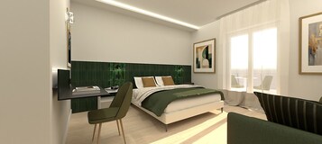 Quarto moderno com uma cama, uma escrivaninha e uma cadeira.
