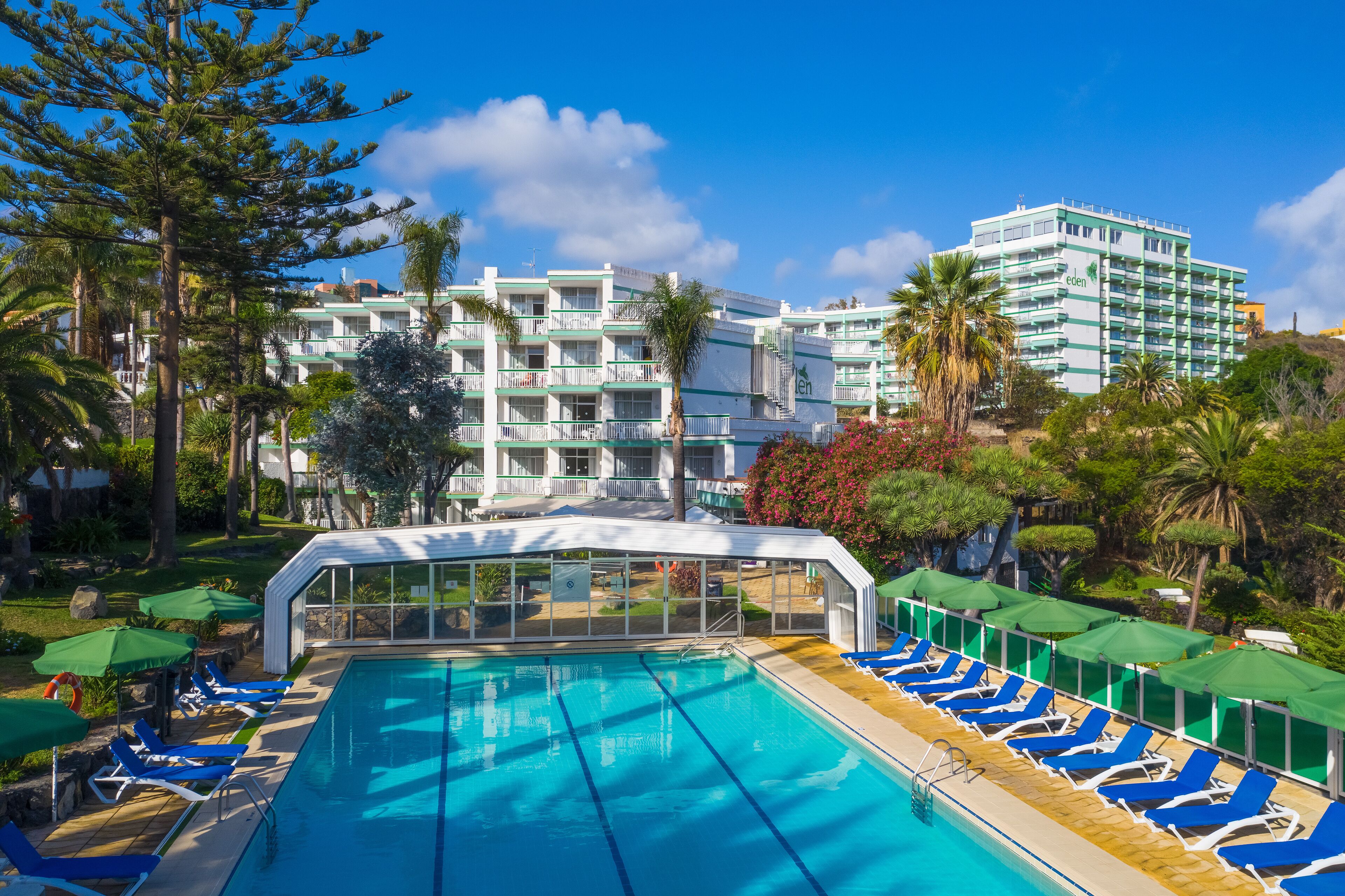 Uma piscina com espreguiçadeiras azuis e guarda-sóis, rodeada por vegetação e um edifício com varandas.