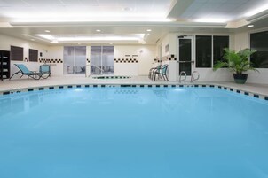 Piscina interna com espreguiçadeiras, banheira de hidromassagem e um vaso de planta.
