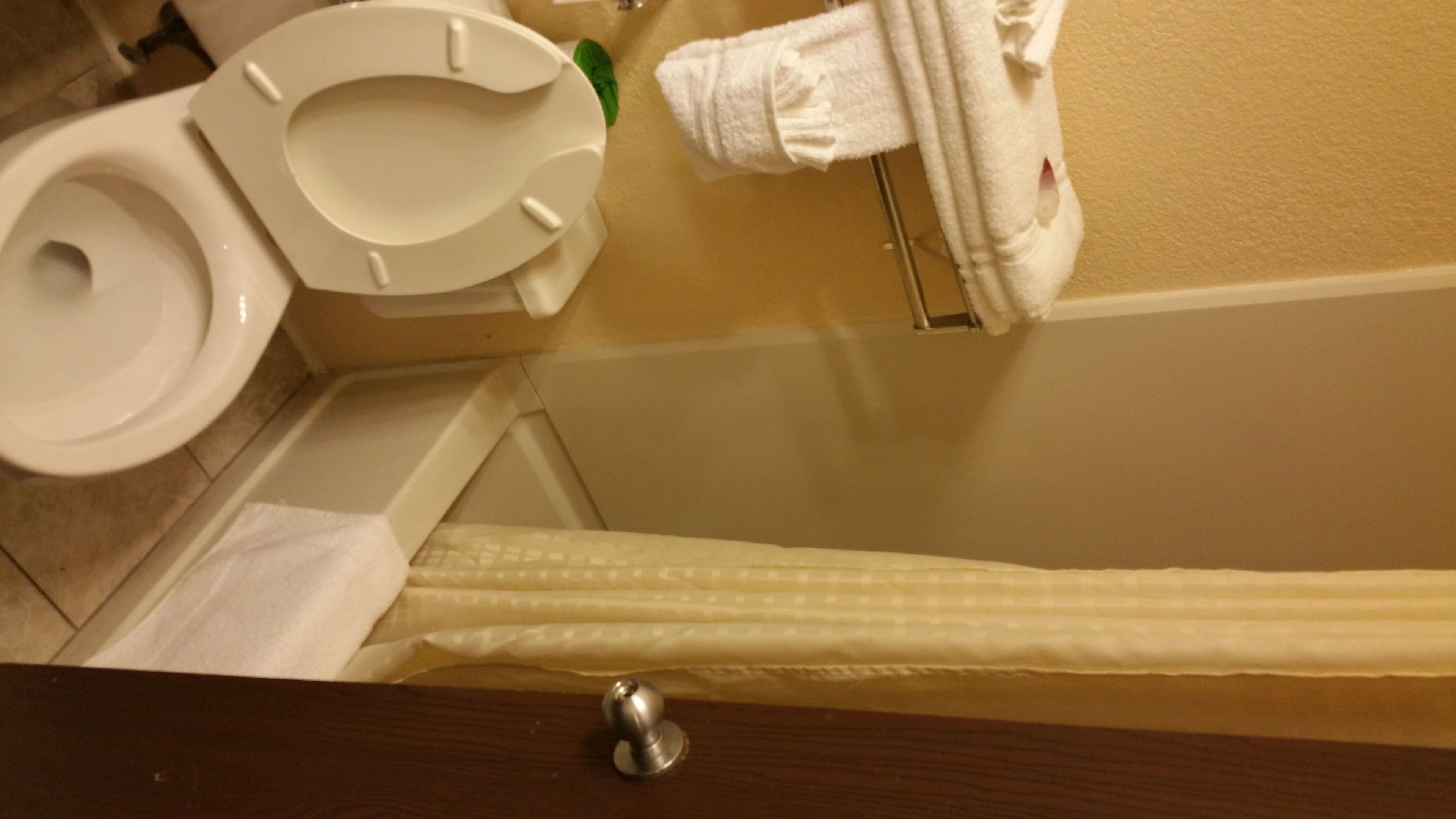 Um banheiro com vaso sanitário, porta-toalhas com toalha e cortina de chuveiro.