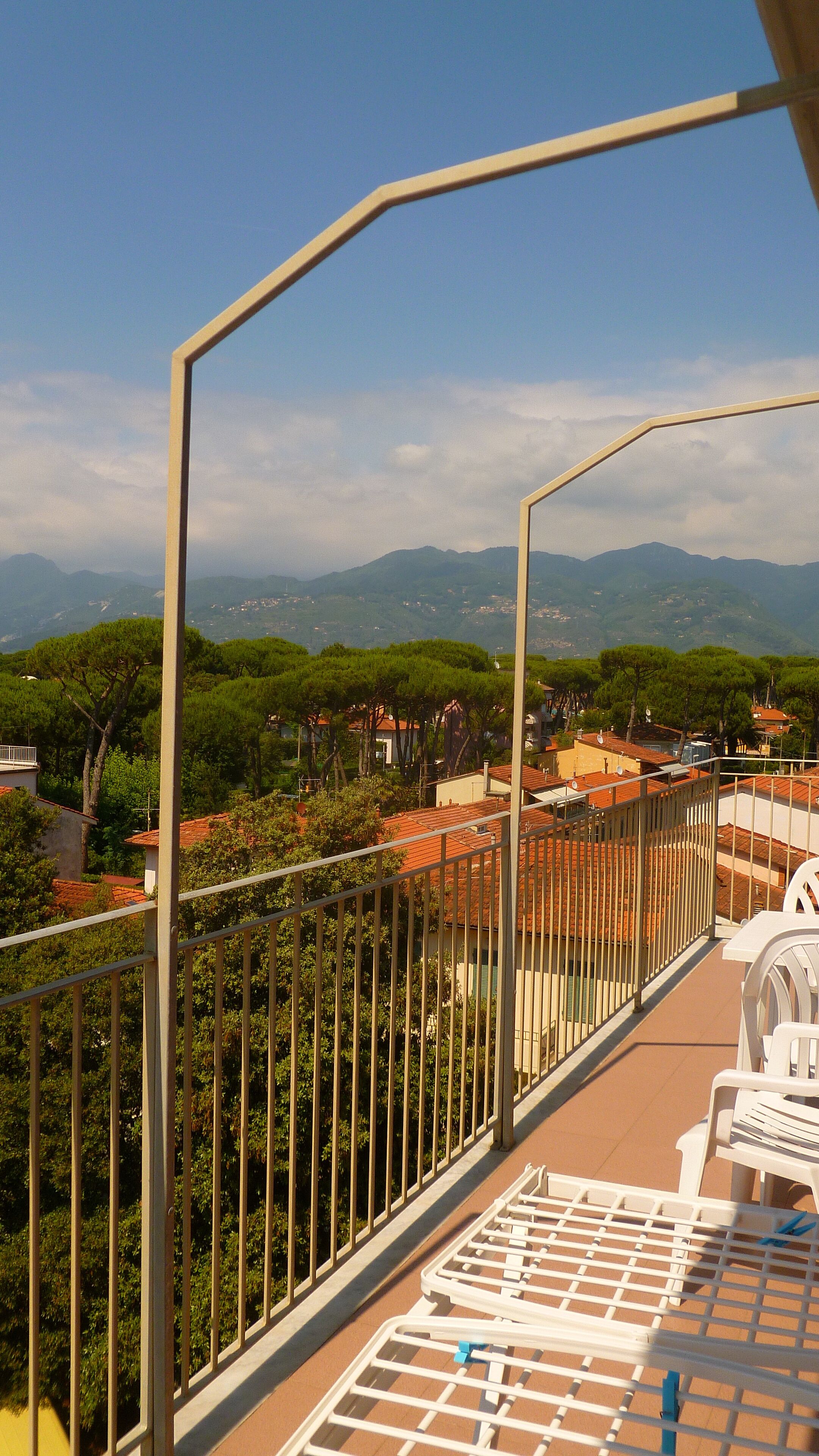 Varanda com grade de metal, vista para área residencial com casas e árvores.