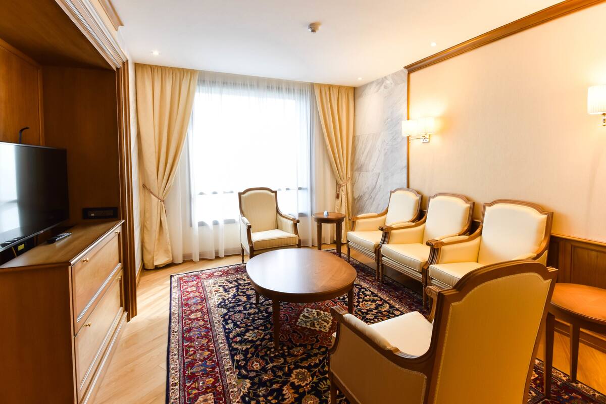 Quarto de hotel com televisão, sofá, mesa de centro e tapete estampado.