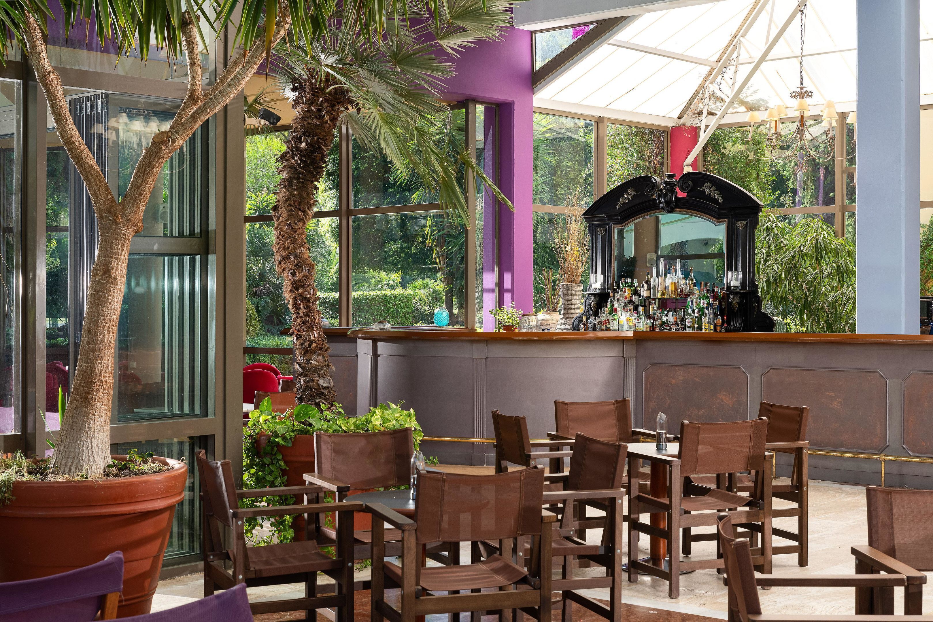 Uma área de bar com cadeiras de madeira e balcão, cercada por grandes janelas e plantas em vasos.
