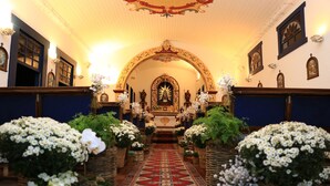 Um interior com um altar central, ladeado por plantas em vasos e ícones religiosos emoldurados.