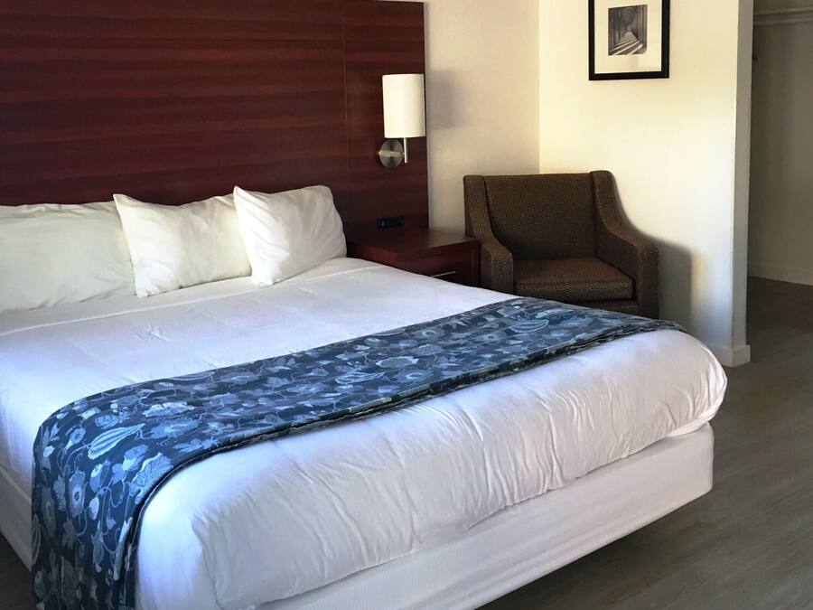 Quarto de hotel com uma cama grande, uma poltrona, uma luminária de parede e um quadro emoldurado.