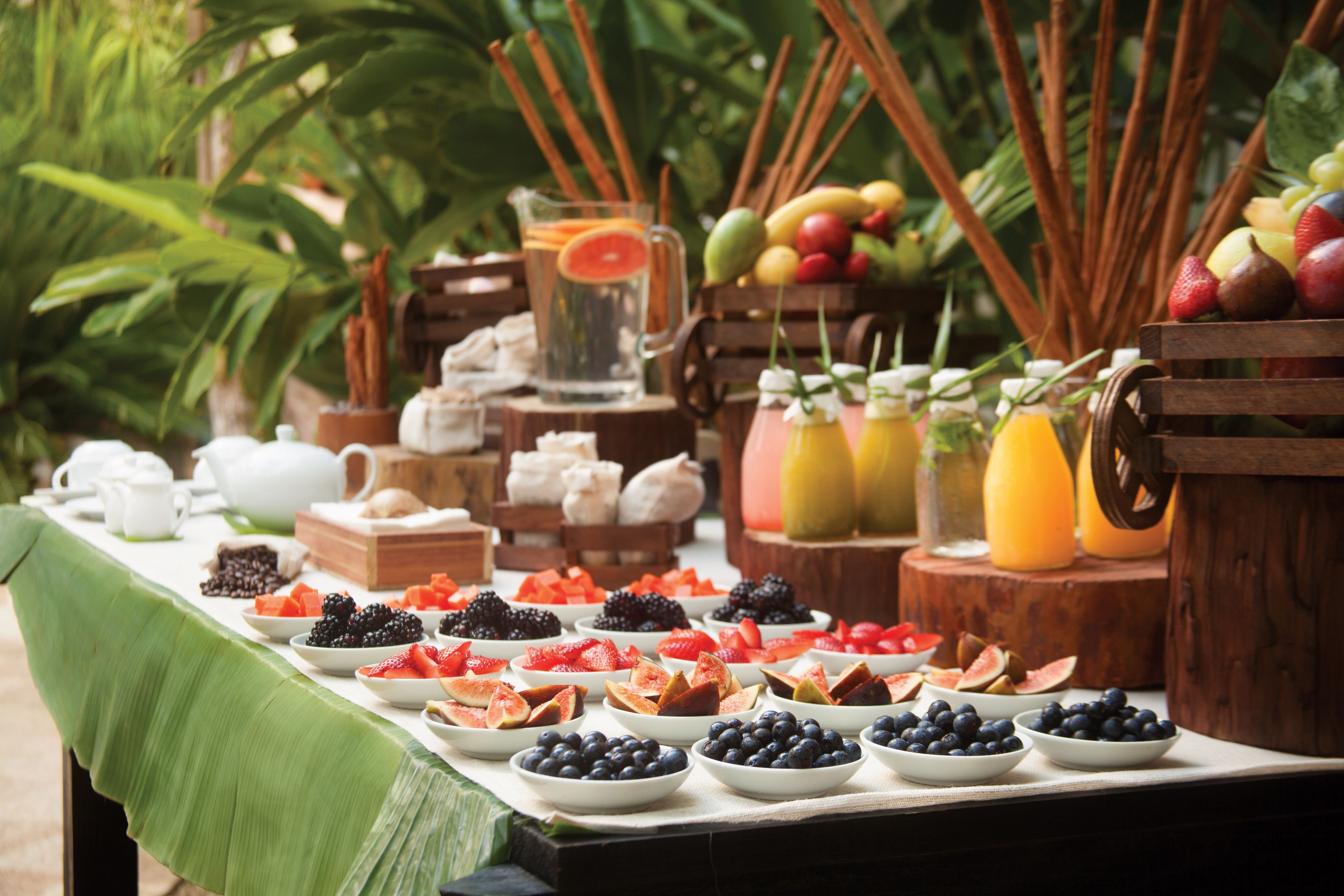 Uma mesa com diversas frutas e bebidas, rodeada por mobiliário de madeira e plantas.