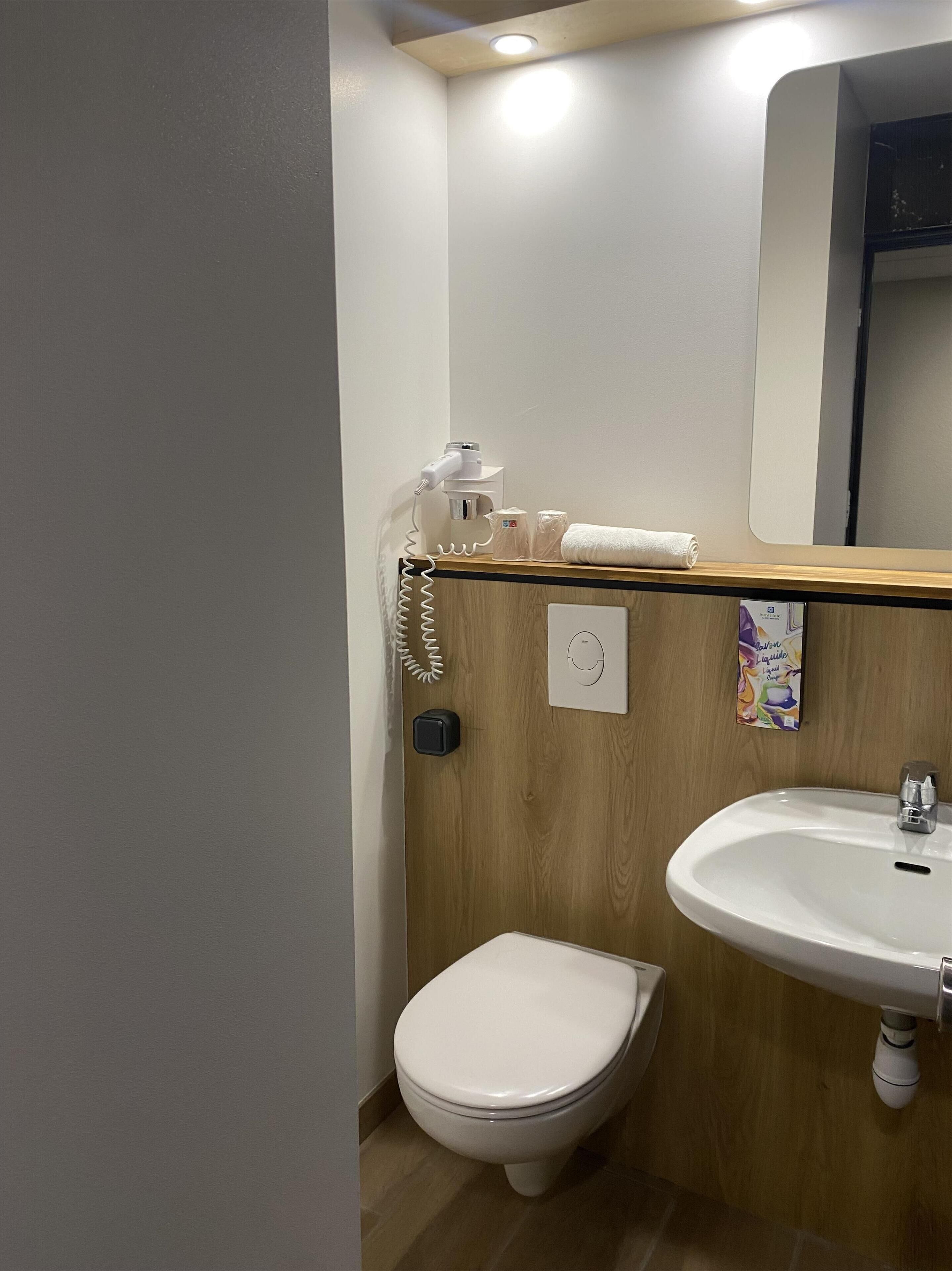 Um banheiro com vaso sanitário, pia, espelho e secador de cabelo em bancada de madeira.