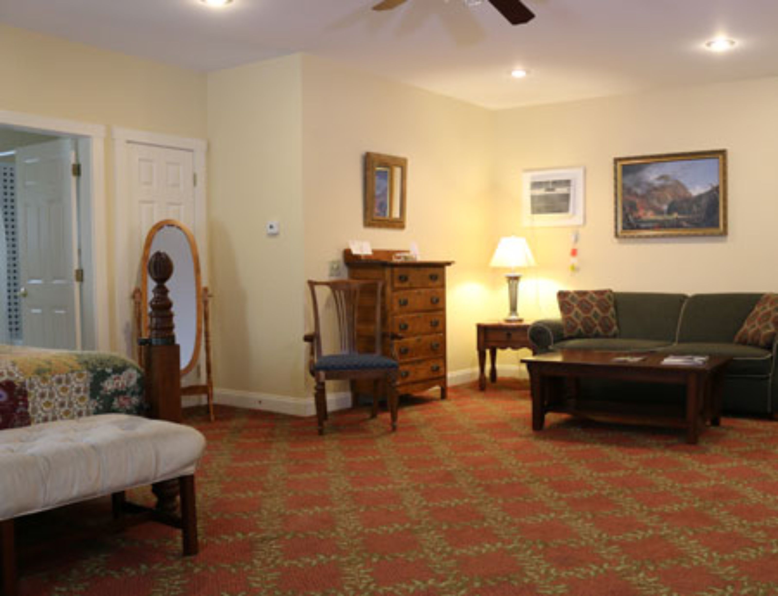 Uma sala de estar com carpete estampado, um sofá, uma poltrona, um aparador de madeira e um ventilador de teto.