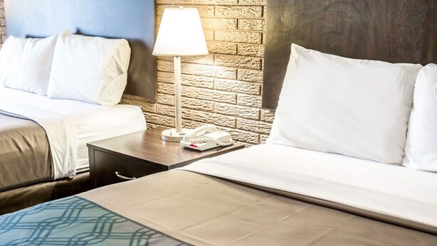 Quarto de hotel com duas camas, mesa de cabeceira com abajur e telefone, e colcha estampada.