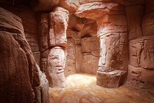 Um interior que lembra uma caverna, com grandes pilares de pedra e um chão de pedra polida.
