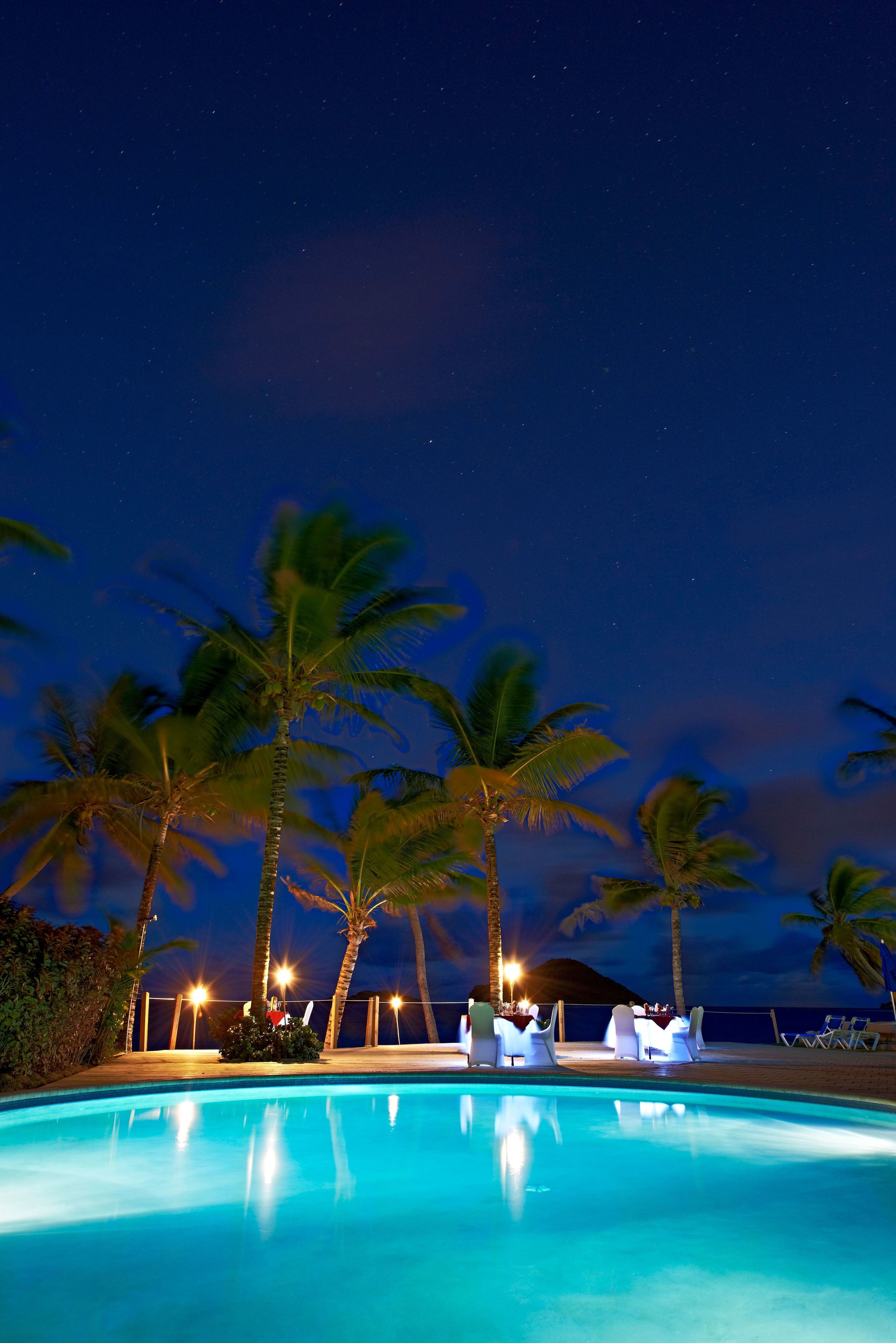 Piscina com espreguiçadeiras e palmeiras à noite.