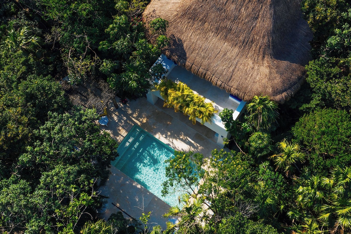 Vista aérea de um resort com piscina, rodeado por vegetação tropical exuberante e uma estrutura com telhado de palha.