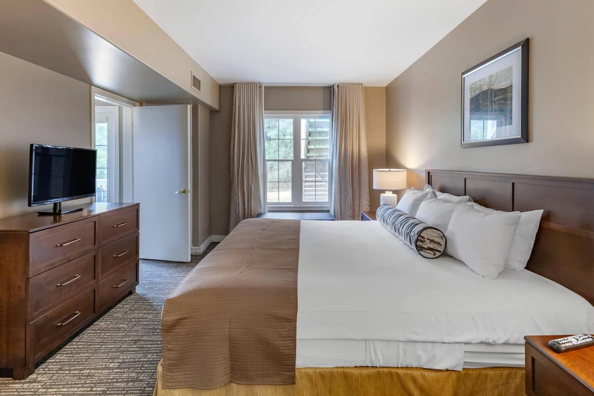 Quarto de hotel com uma cama grande, uma televisão em uma cômoda, um abajur e um quadro na parede.