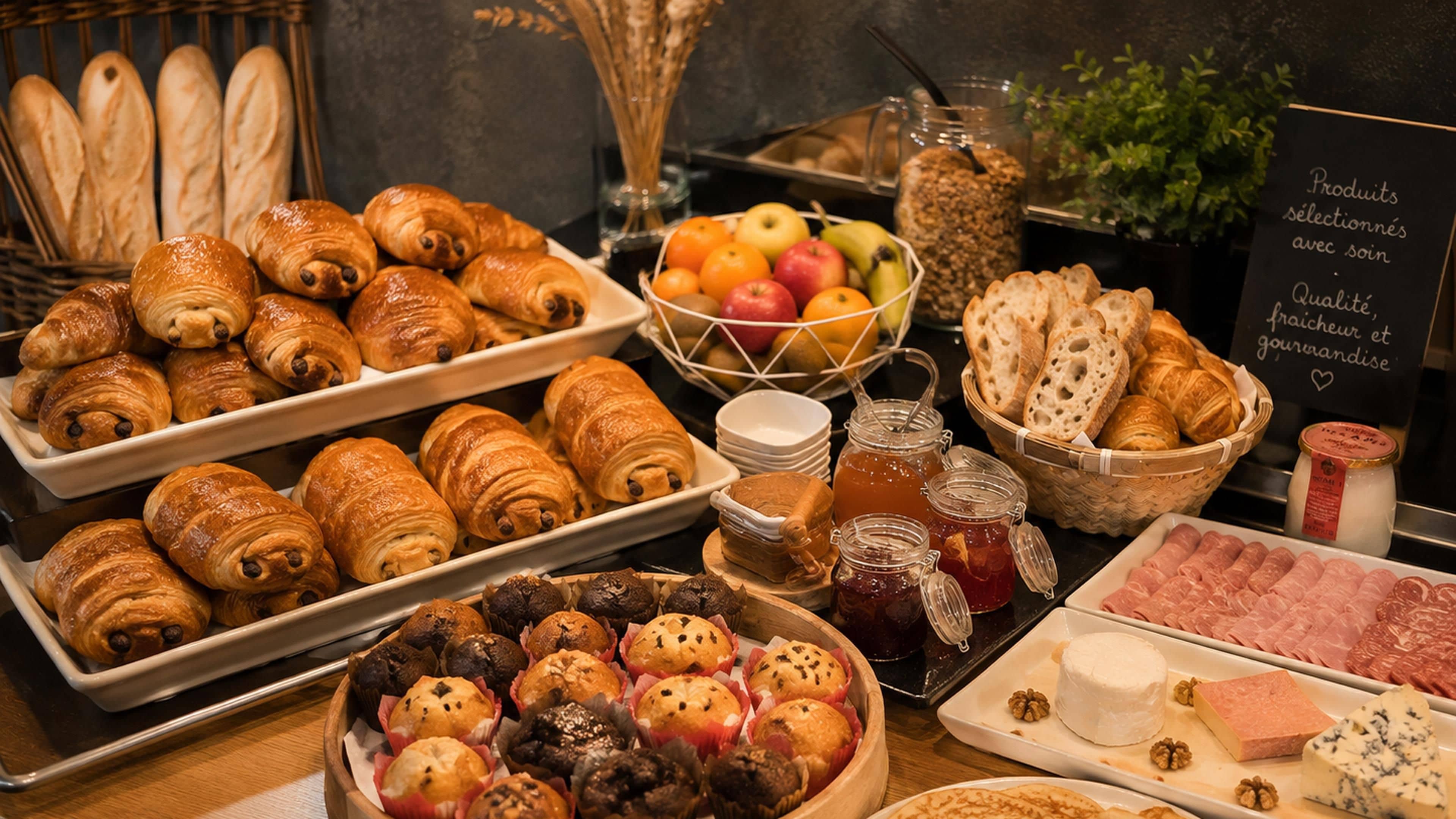 Diversos produtos de panificação, como croissants, muffins e pão, além de frutas, queijos e carnes.