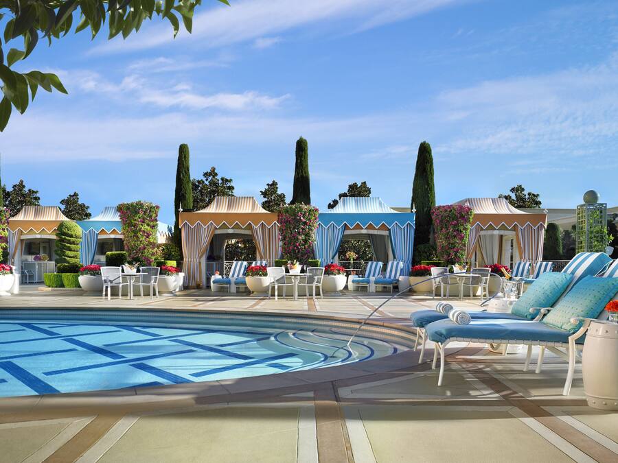 Área de piscina com espreguiçadeiras, piscina e plantas em vasos.