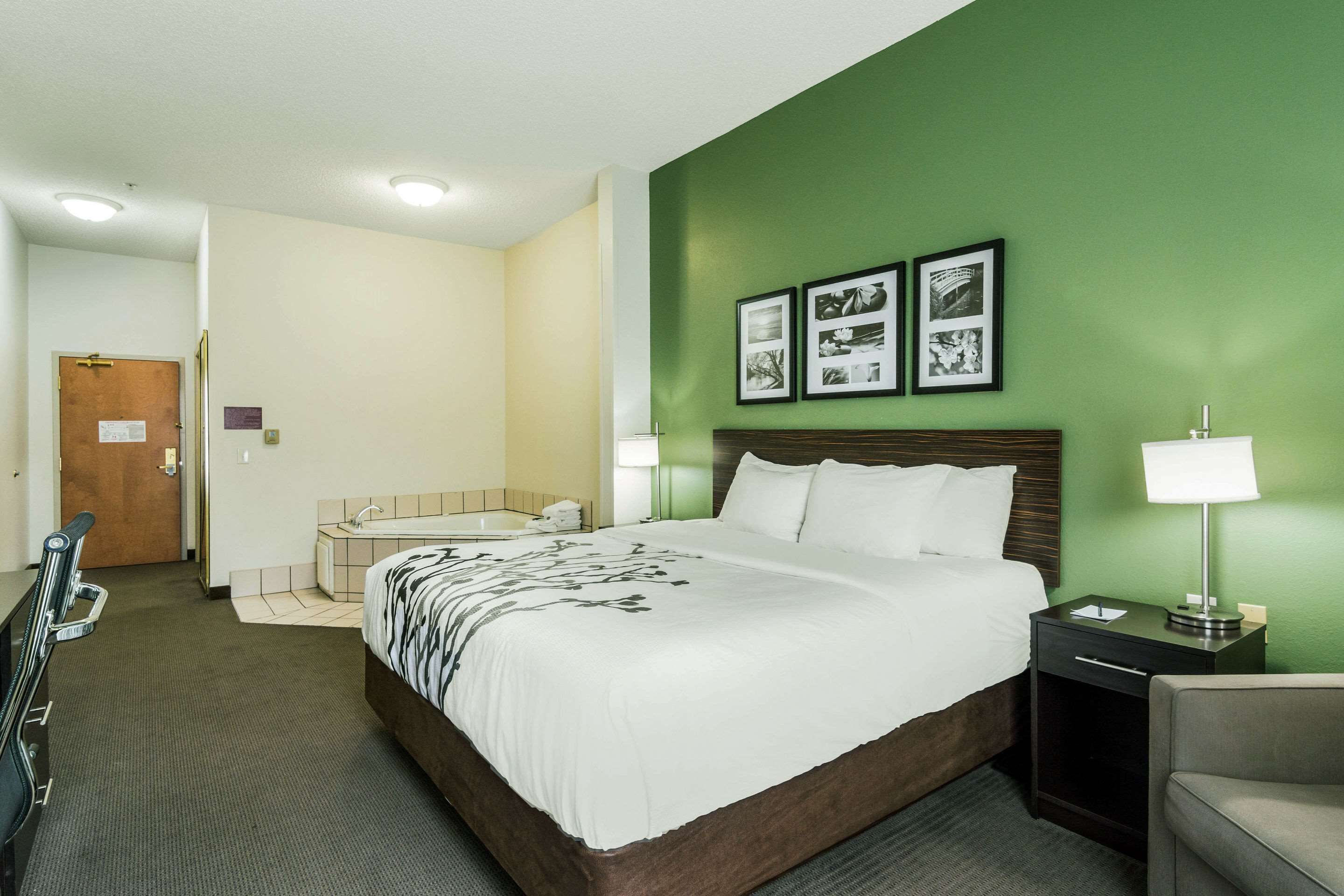 Quarto de hotel com uma cama grande, uma mesa de cabeceira com abajur, uma pequena escrivaninha com cadeira, um banheiro com banheira e paredes verdes.