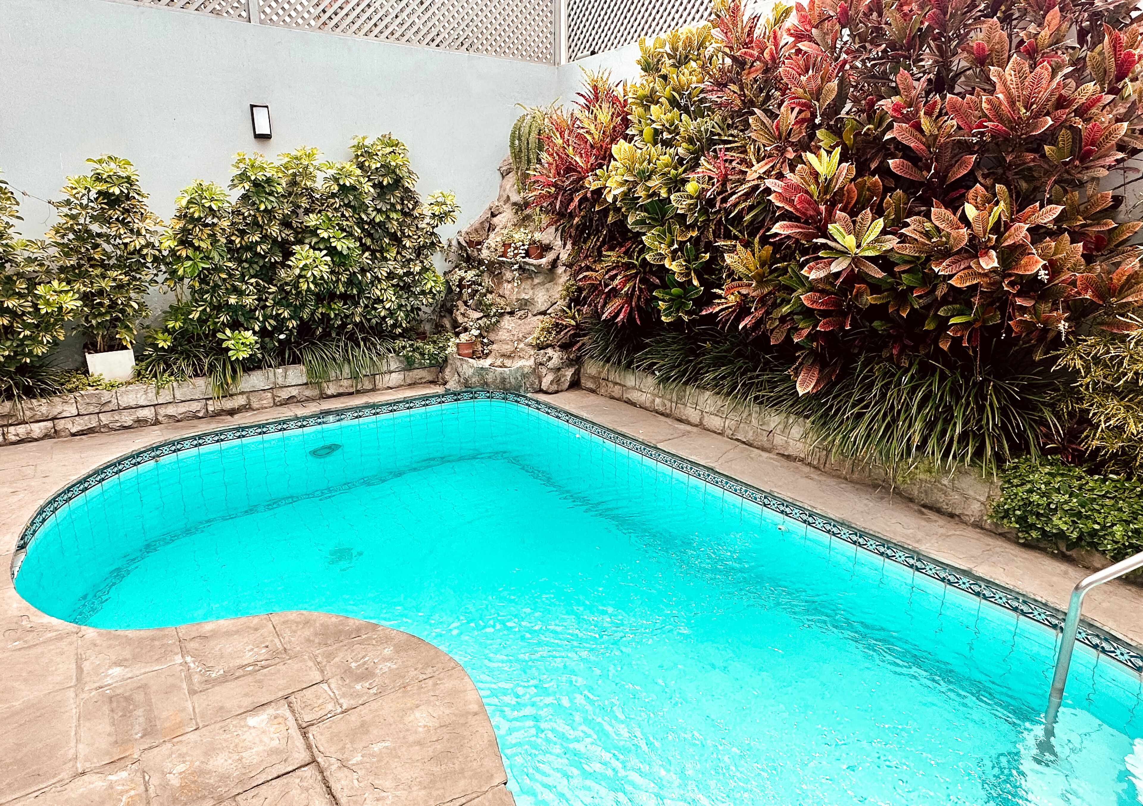 Piscina com borda azulejada, rodeada por plantas diversas e um muro de pedra.