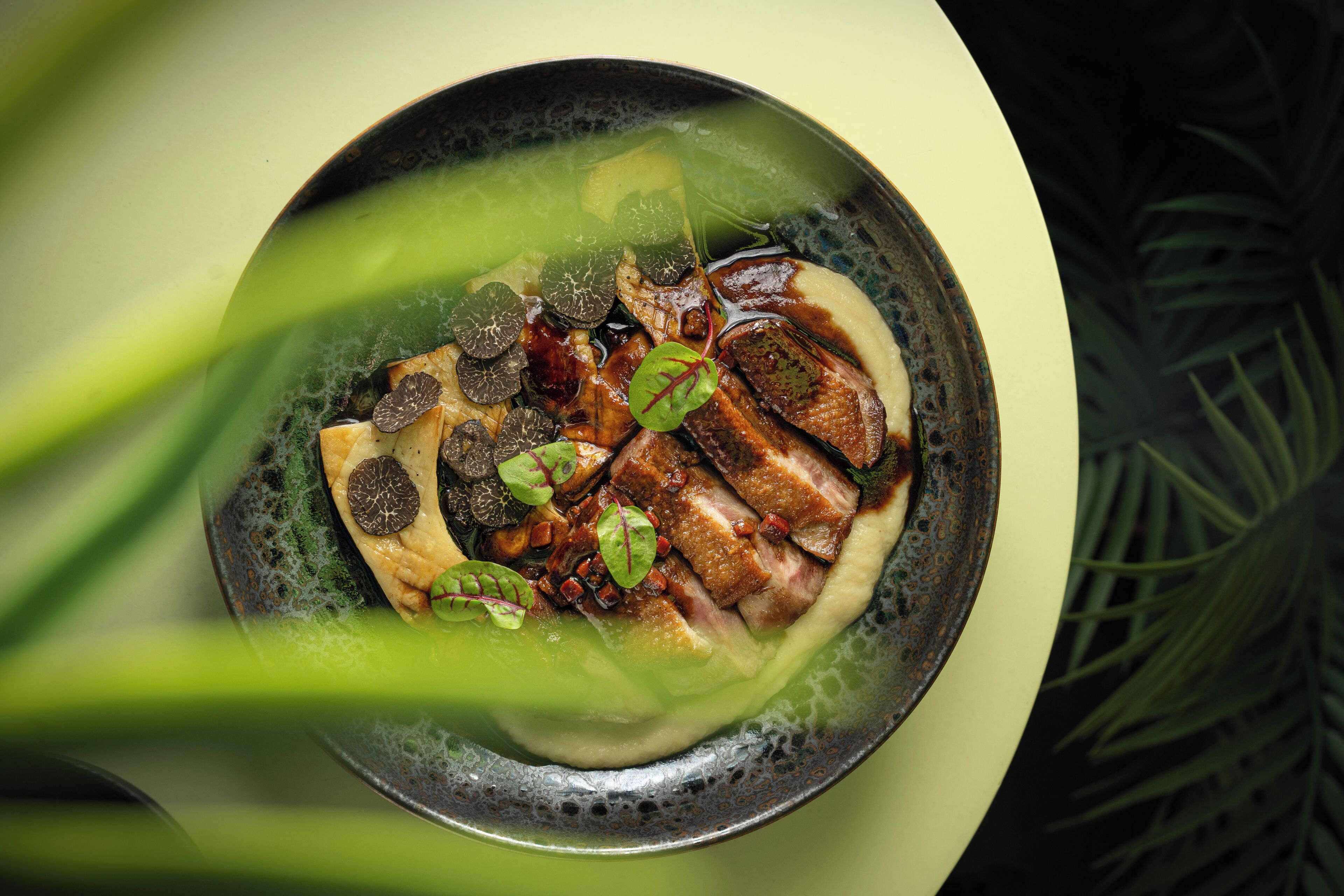 Uma tigela de comida com vários ingredientes, incluindo fatias de carne e legumes, em um prato.