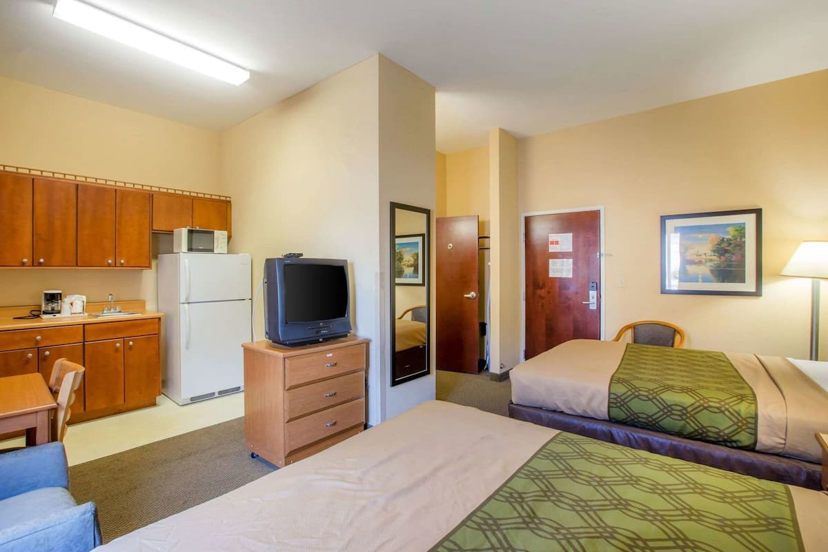 Quarto de hotel com cozinha compacta, televisão, duas camas, escrivaninha e uma cadeira.