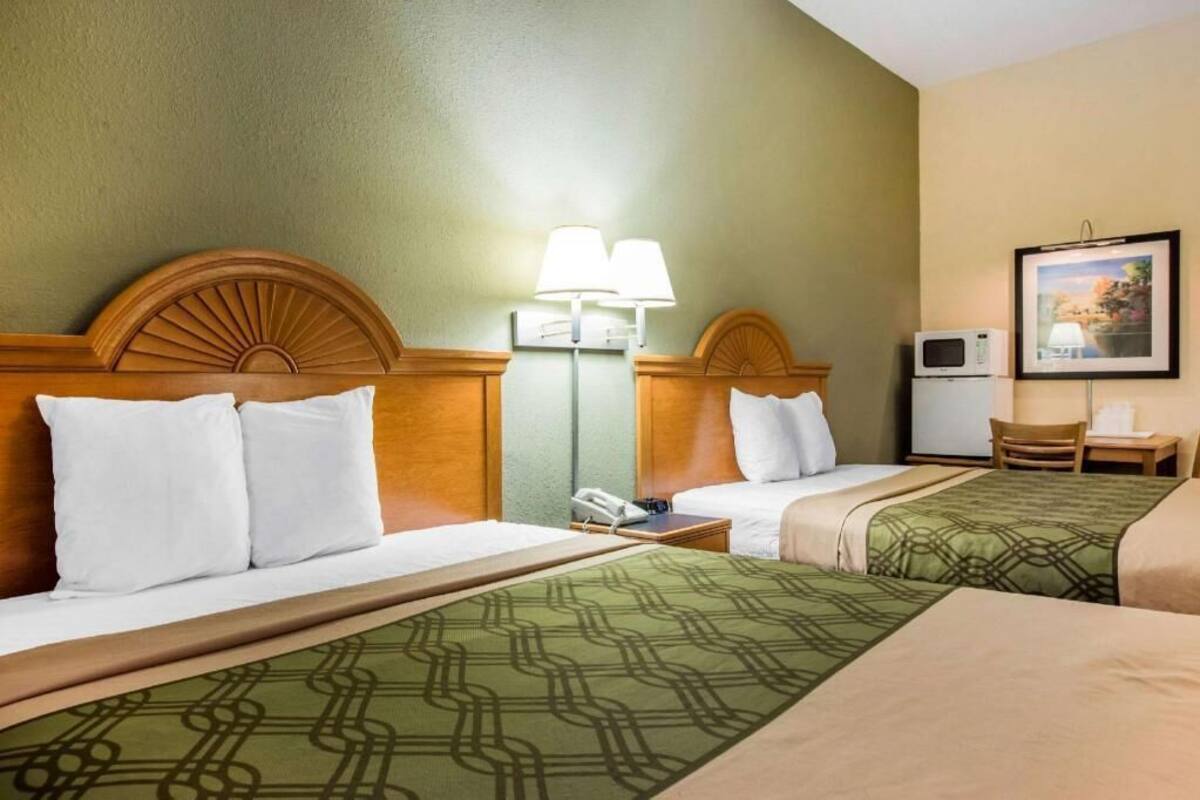 Quarto de hotel com duas camas, uma escrivaninha, uma cadeira, um abajur, micro-ondas e um quadro na parede.