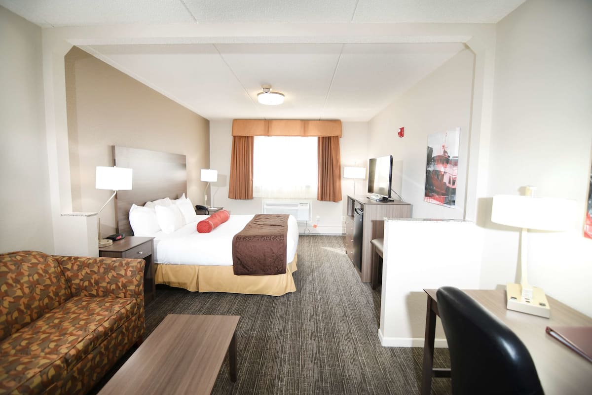 Quarto de hotel com cama, escrivaninha, cadeira, sofá e televisão.
