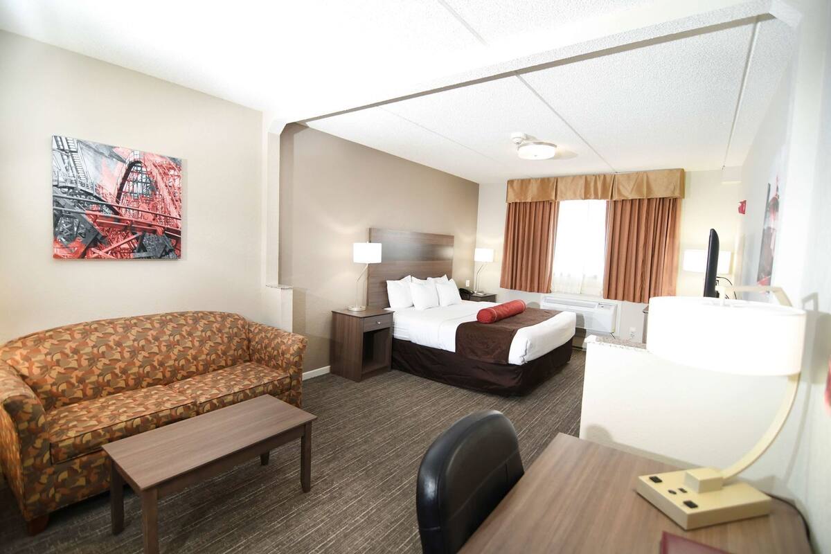 Quarto de hotel com cama, sofá, escrivaninha, luminária, televisão e um quadro na parede.