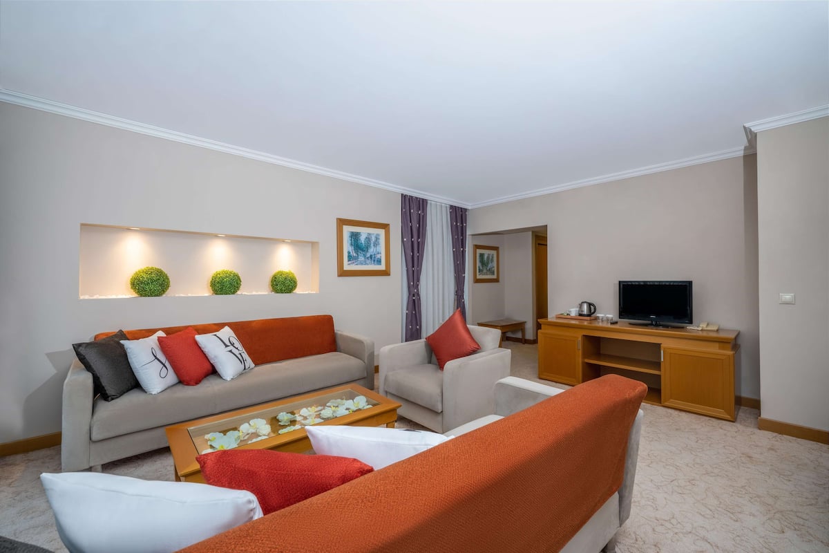 Uma sala de estar moderna com um conjunto de sofás, uma mesa de centro e uma televisão em um suporte de madeira.