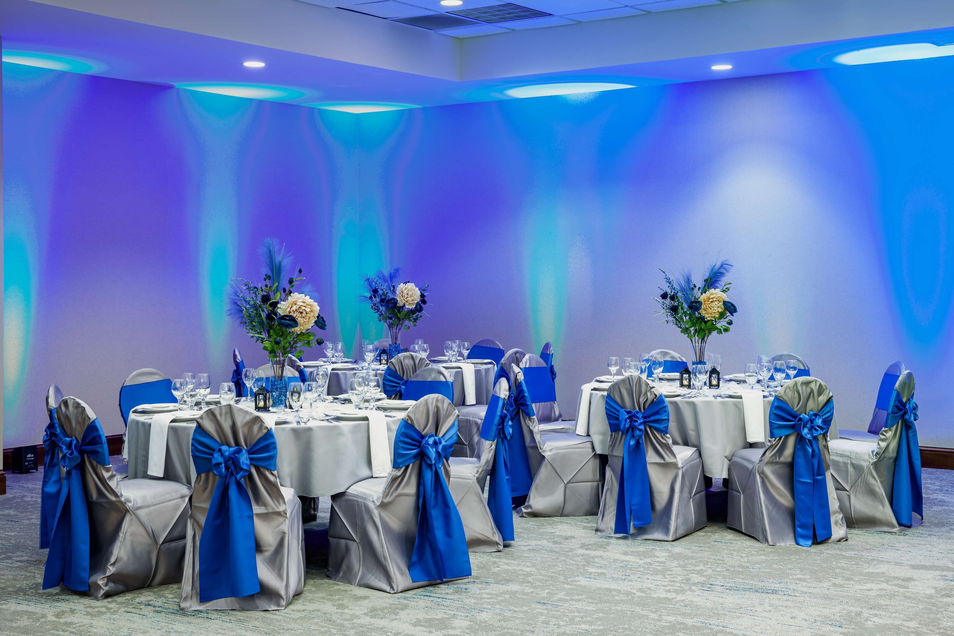 Uma sala de banquetes com mesas redondas, cadeiras com fitas azuis e arranjos florais.