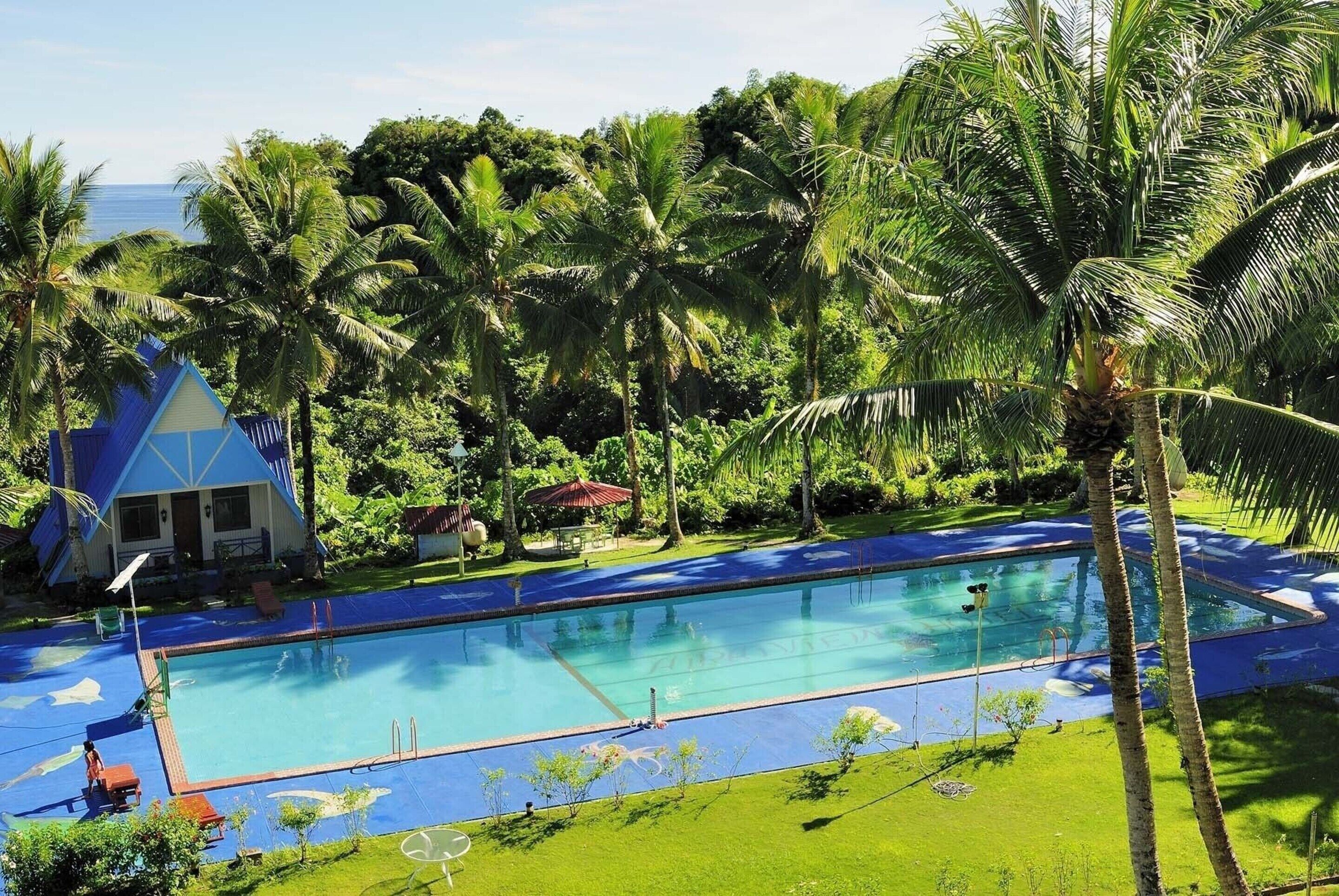 Piscina rodeada por palmeiras e um pequeno edifício com telhado azul.