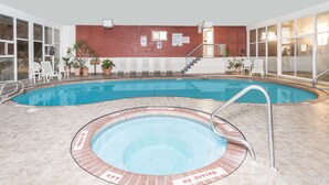 Piscina interna com hidromassagem, cercada por espreguiçadeiras e plantas em vasos.