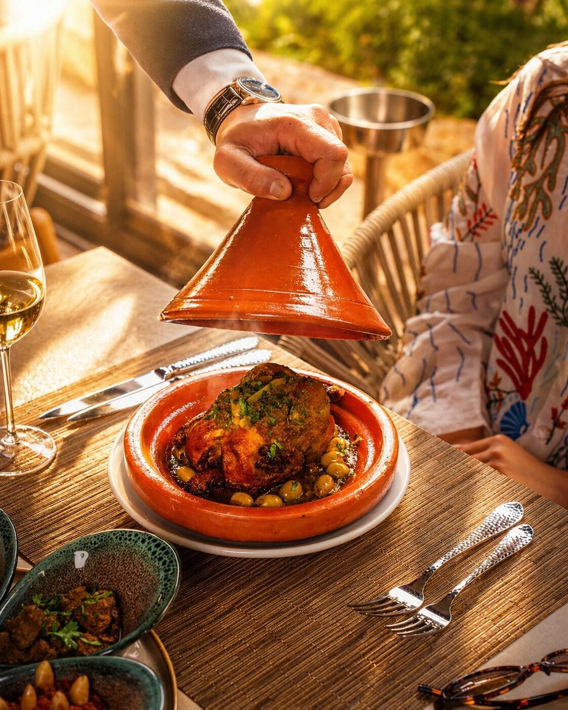 Uma mesa de jantar com um tagine marroquino, um copo de vinho branco e um garfo.