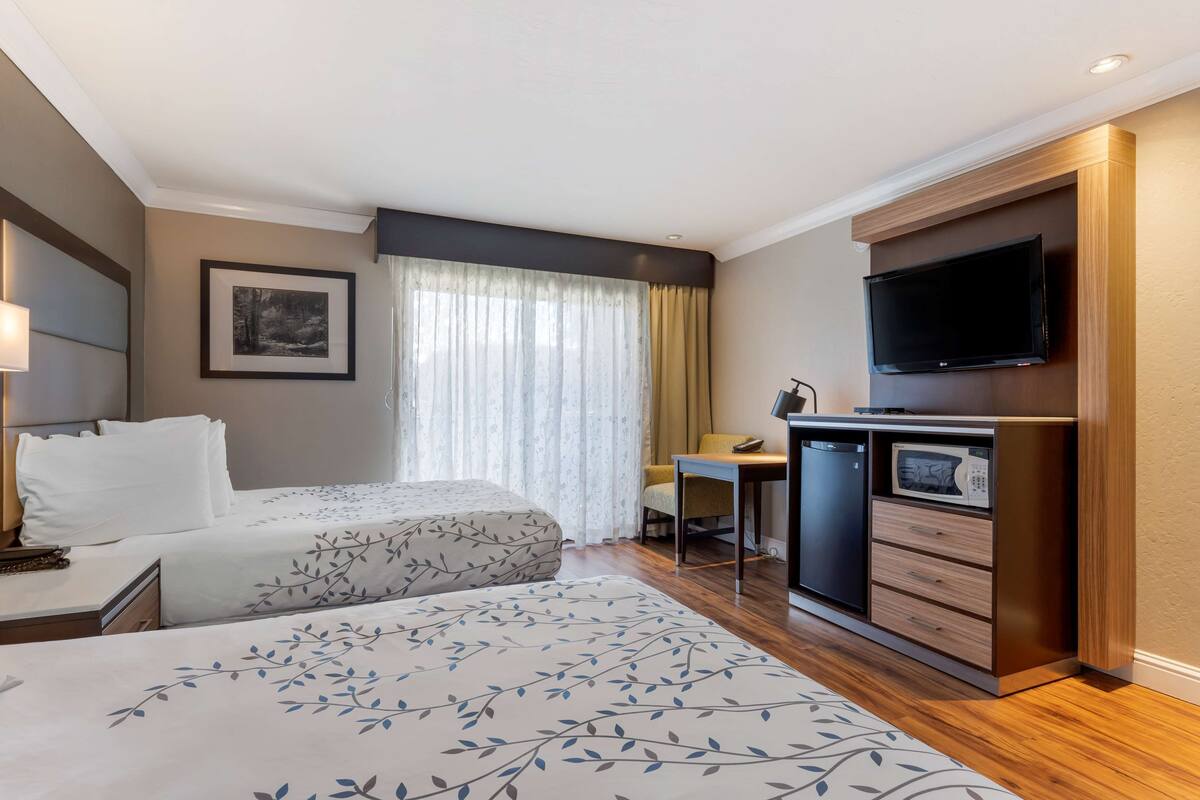 Quarto de hotel com duas camas, uma mesa de trabalho com cadeira, televisão e micro-ondas.