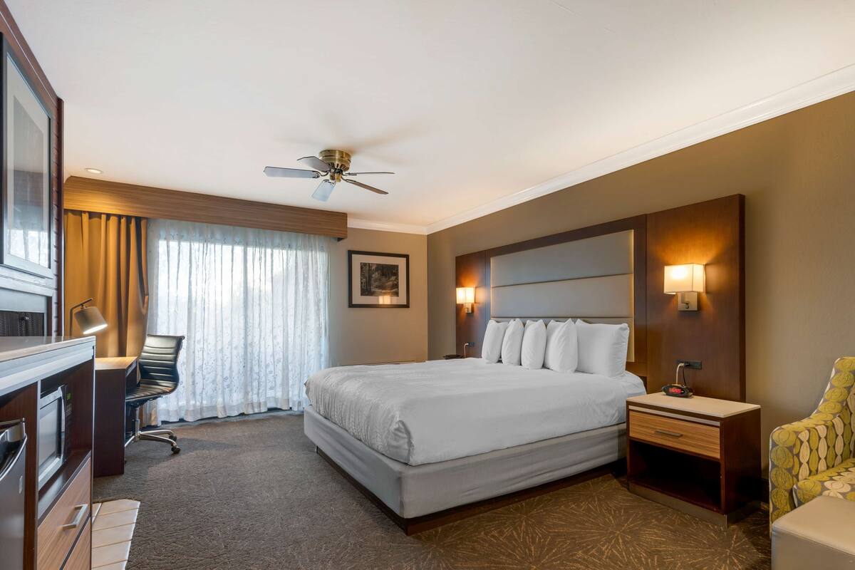 Quarto de hotel com cama, escrivaninha, cadeira, televisão, ventilador de teto e janela com cortinas.
