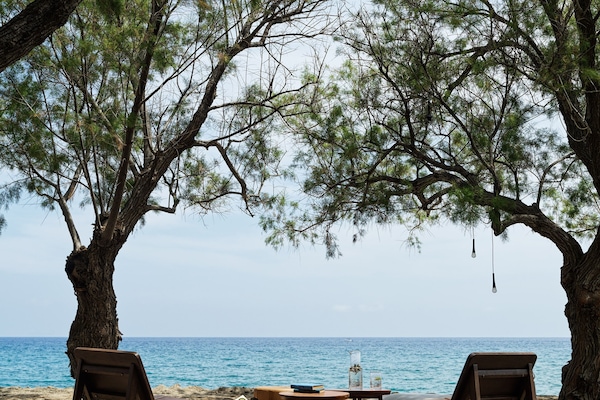 Uma praia privada, espreguiçadeiras, guarda-sóis de praia