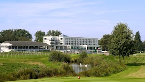 Um campo de golfe com um lago, um edifício grande com vários andares e uma árvore.