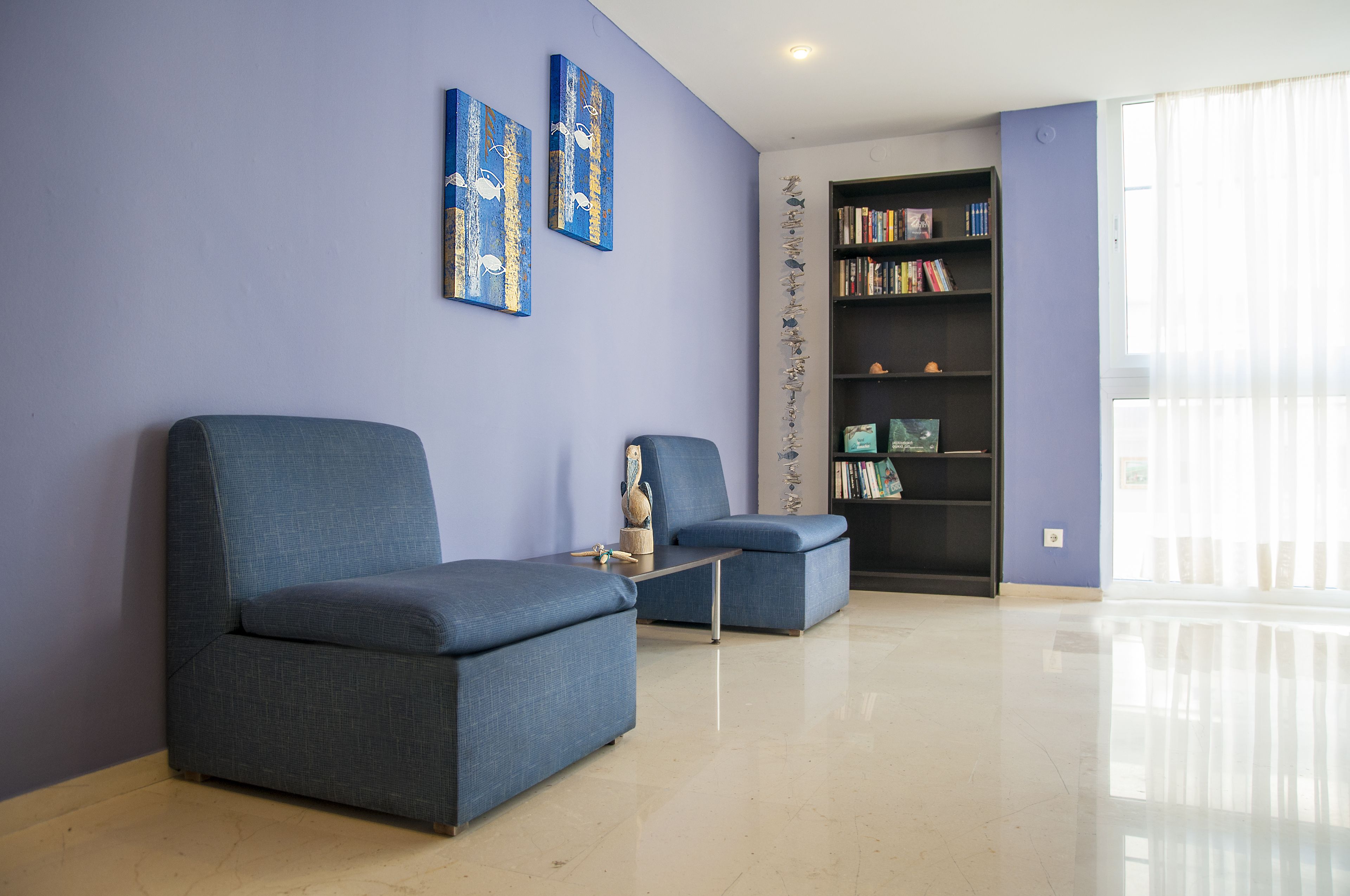 Uma sala de estar moderna com dois sofás azuis, uma mesa de centro e uma estante em frente a uma parede roxa.