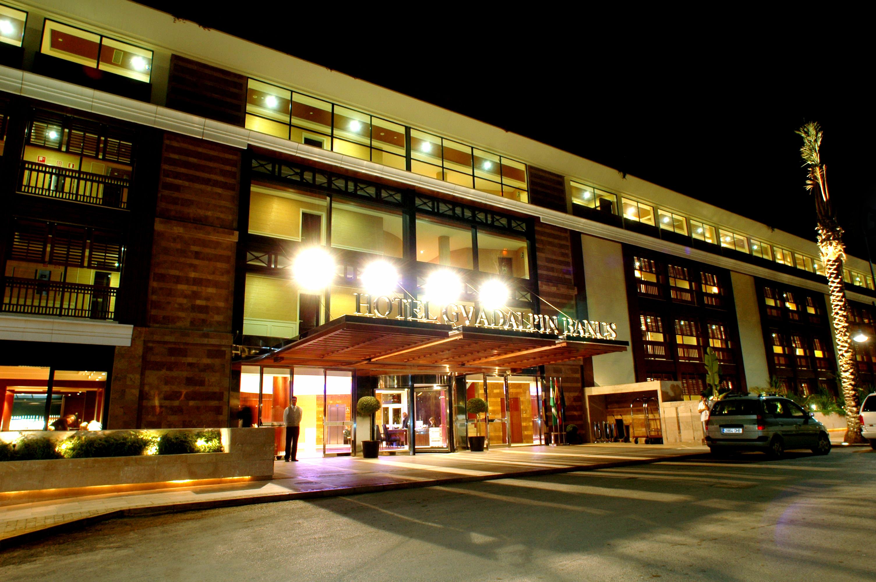 Um hotel com fachada moderna, entrada coberta e uma palmeira em primeiro plano.