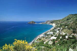 Uma vila costeira com praia, casas e uma colina coberta por vegetação.