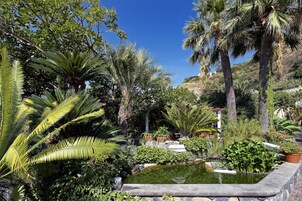 Um jardim exuberante com lago, palmeiras e diversas plantas.