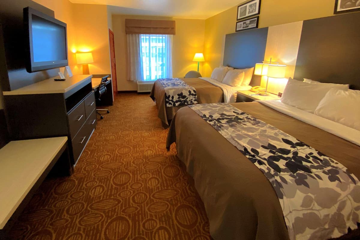 Quarto de hotel com duas camas, uma escrivaninha, televisão e luminárias.