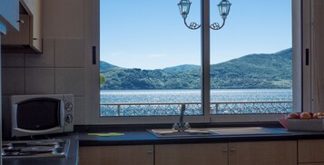 Apartamento superior, 1 quarto, cozinha, vista para o lago | Cozinha privada | Geladeira, micro-ondas, cooktop, cafeteira/chaleira