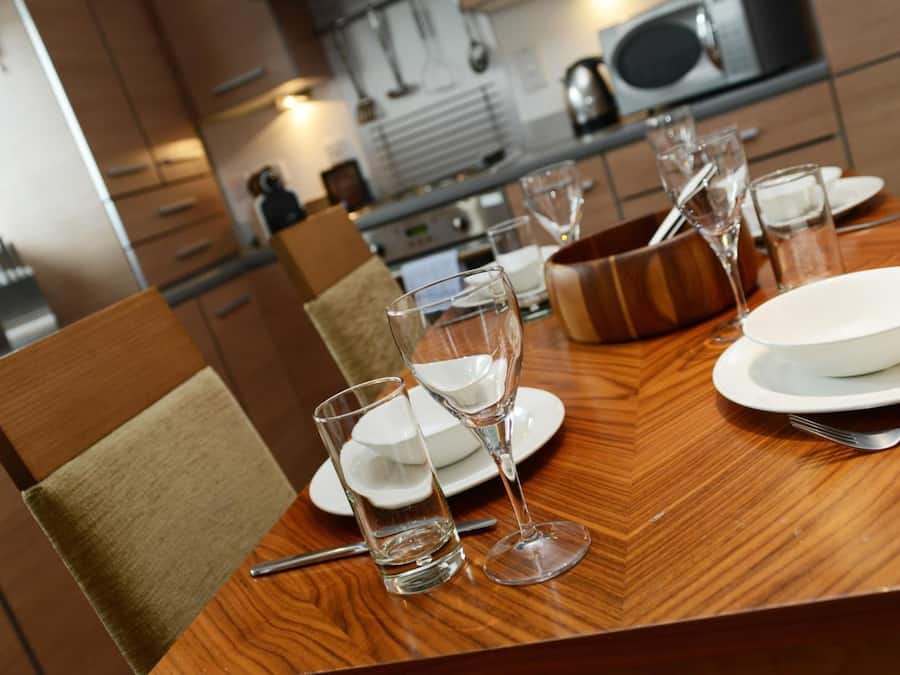 Um frigorífico/congelador grande, um micro-ondas, um forno