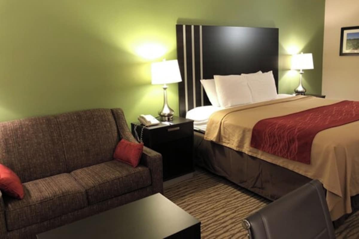 Quarto de hotel com cama, sofá, mesa de cabeceira e mesa.
