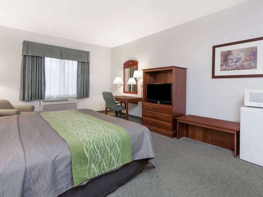 Quarto de hotel com cama, escrivaninha, cadeira, televisão, frigorífico e um quadro na parede.